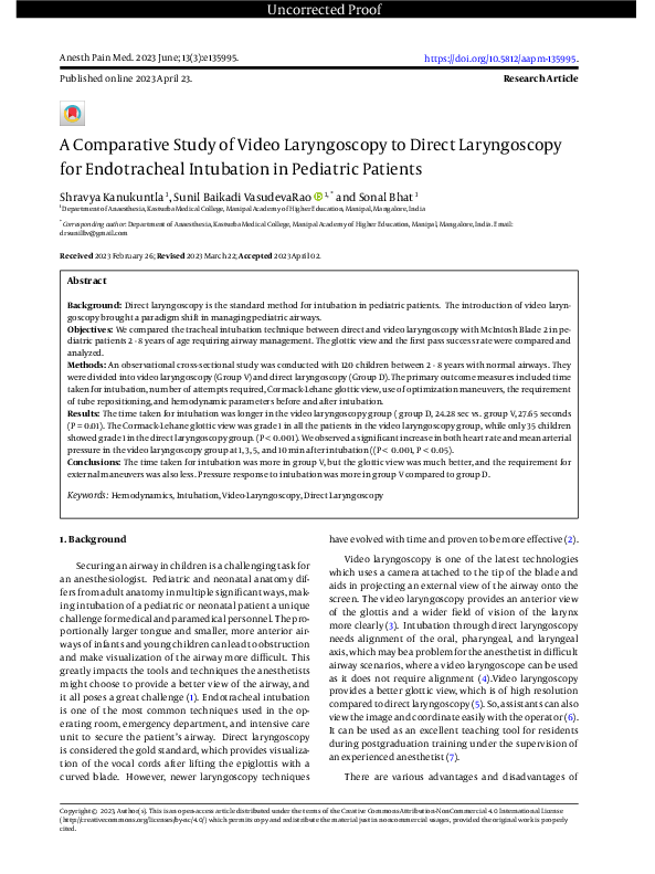 (PDF) A Comparative Study of Video Laryngoscopy to Direct Laryngoscopy ...