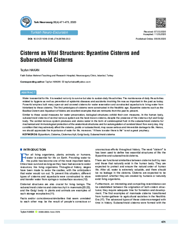 (PDF) Cisterns as vital structures: byzantine cisterns and subarachnoid ...