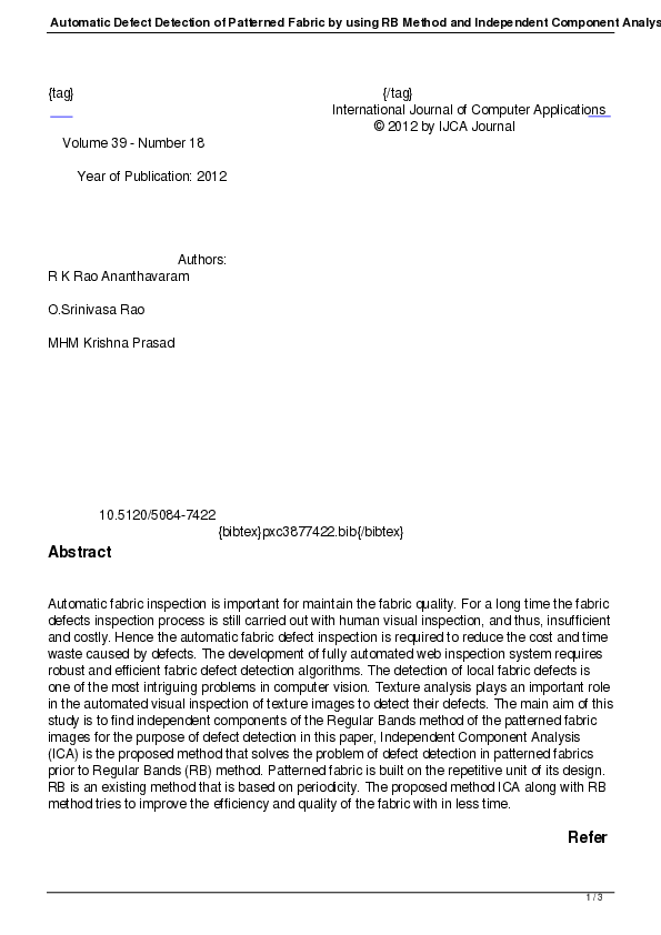 (PDF) Automatic Defect Detection of Patterned Fabric by using RB Method and Independent ...