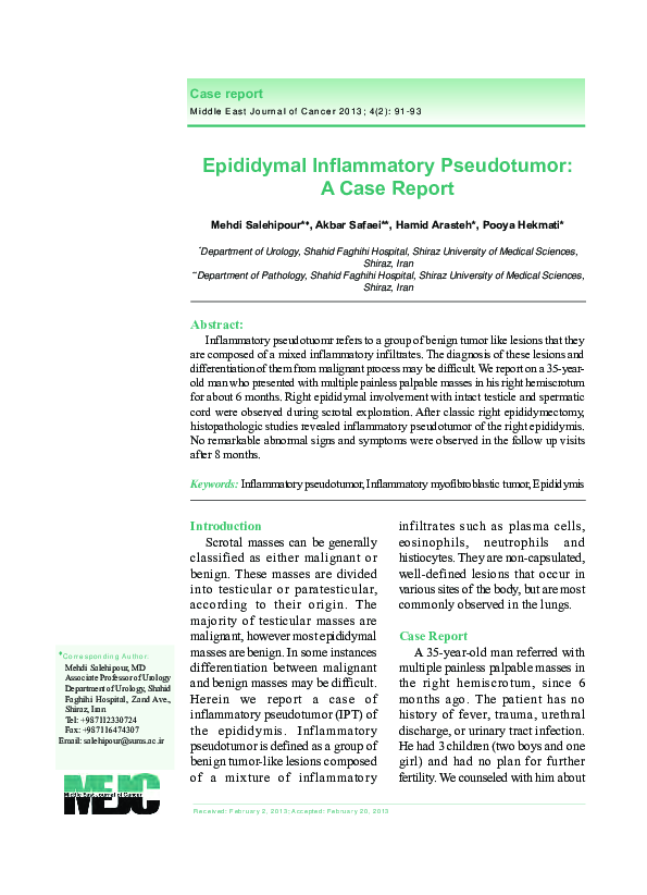 (PDF) Epididymal Inflammatory Pseudotumor: A Case Report