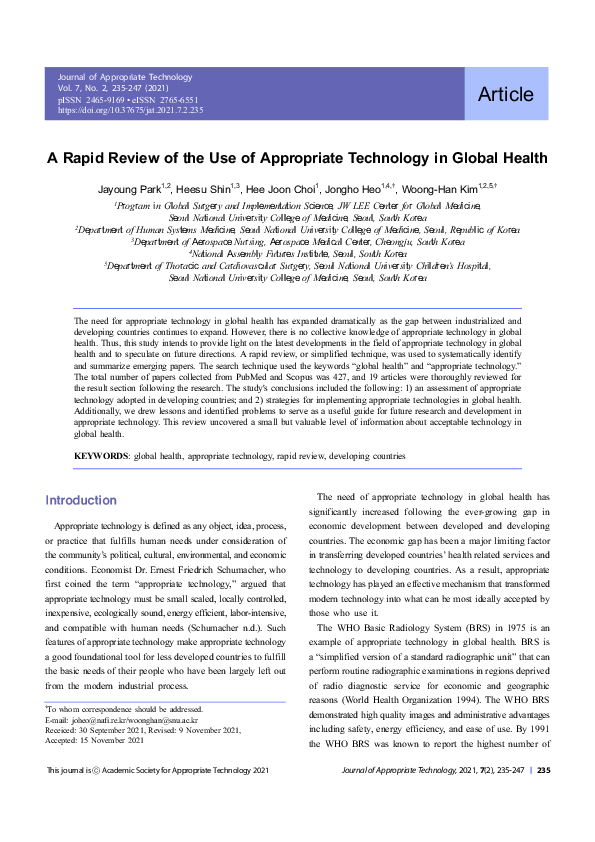 (PDF) A Rapid Review of the Use of Appropriate Technology in Global Health