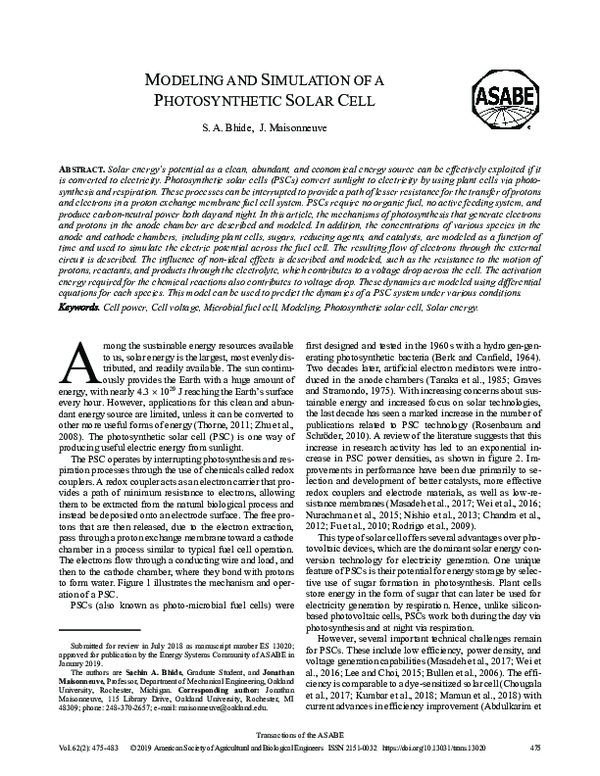 (PDF) Modeling and Simulation of a Photosynthetic Solar Cell