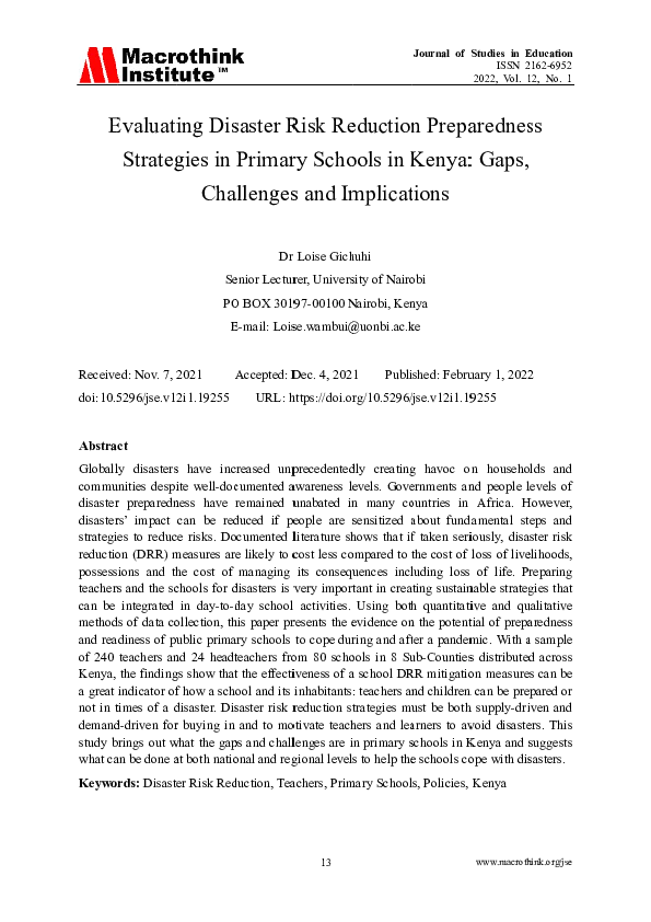 (PDF) Evaluating Disaster Risk Reduction Preparedness Strategies in ...