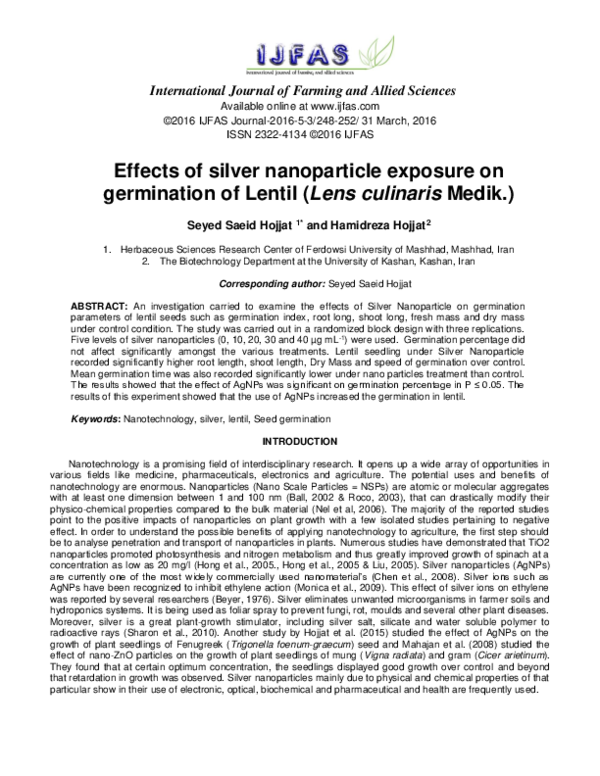 (PDF) Effects of silver nanoparticle exposure on germination of Lentil ...