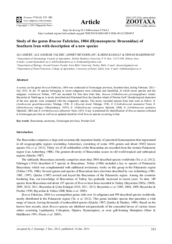 (PDF) Study of the genus Bracon Fabricius, 1804 (Hymenoptera ...