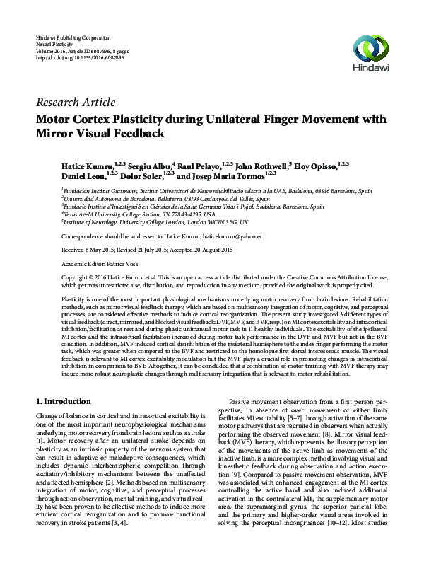 (PDF) Motor Cortex Plasticity during Unilateral Finger Movement with ...