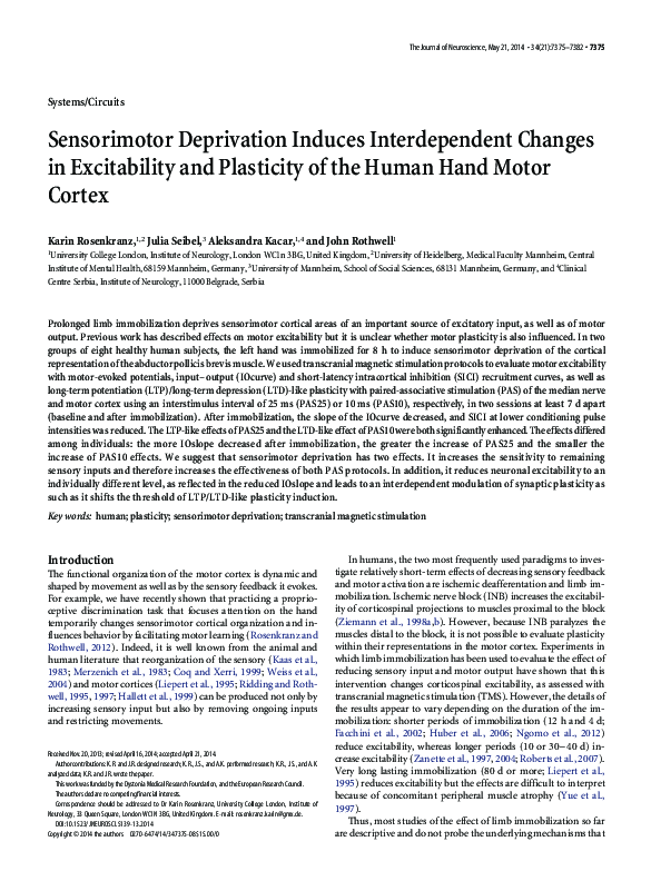 (PDF) Sensorimotor Deprivation Induces Interdependent Changes in ...
