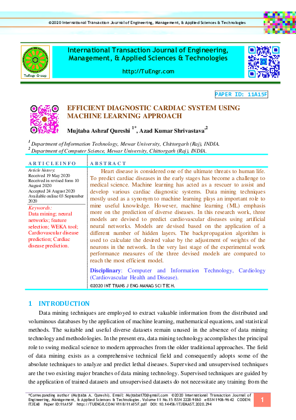 (PDF) Efficient Diagnostic Cardiac System using Machine Learning Approach