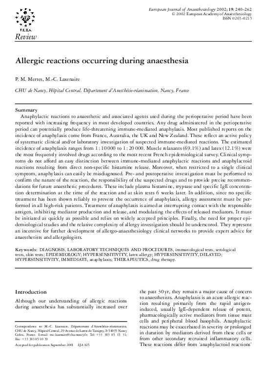 (PDF) Allergic Reactions Occurring During Anaesthesia: Diagnostic Approach