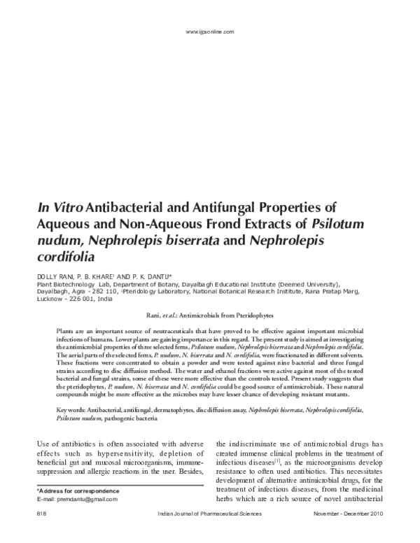 (PDF) In Vitro antibacterial and antifungal properties of aqueous and non-aqueous frond extracts ...