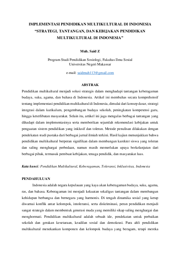 (PDF) IMPLEMENTASI PENDIDIKAN MULTIKULTURAL DI INDONESIA "STRATEGI, TANTANGAN, DAN KEBIJAKAN ...