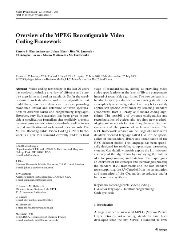 (PDF) Overview of the MPEG Reconfigurable Video Coding Framework