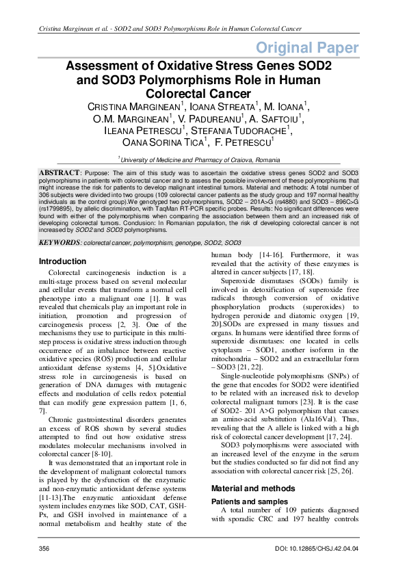 (PDF) Assessment of Oxidative Stress Genes SOD2 and SOD3 Polymorphisms ...