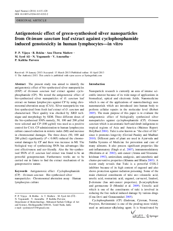 (PDF) Antigenotoxic effect of green-synthesised silver nanoparticles ...