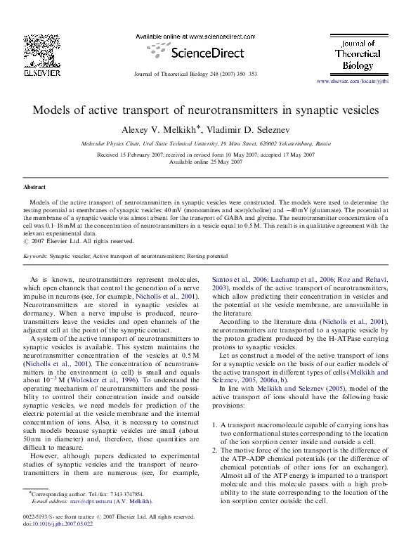 (PDF) Models of active transport of neurotransmitters in synaptic vesicles