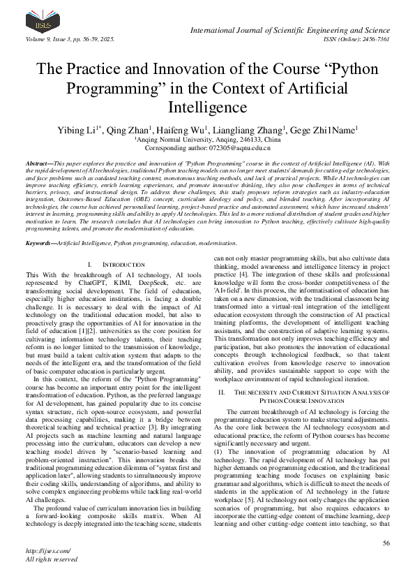 (PDF) The Practice and Innovation of the Course "Python Programming" in the Context of ...