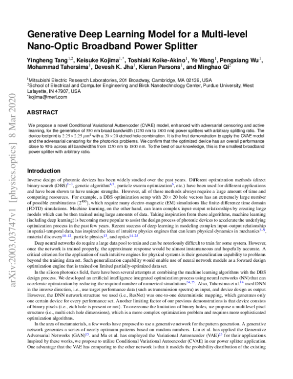 (PDF) Generative Deep Learning Model for a Multi-level Nano-Optic Broadband Power Splitter