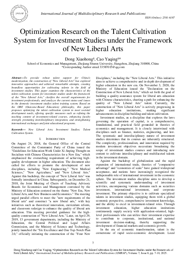 (PDF) Optimization Research on the Talent Cultivation System for Investment Studies under the ...
