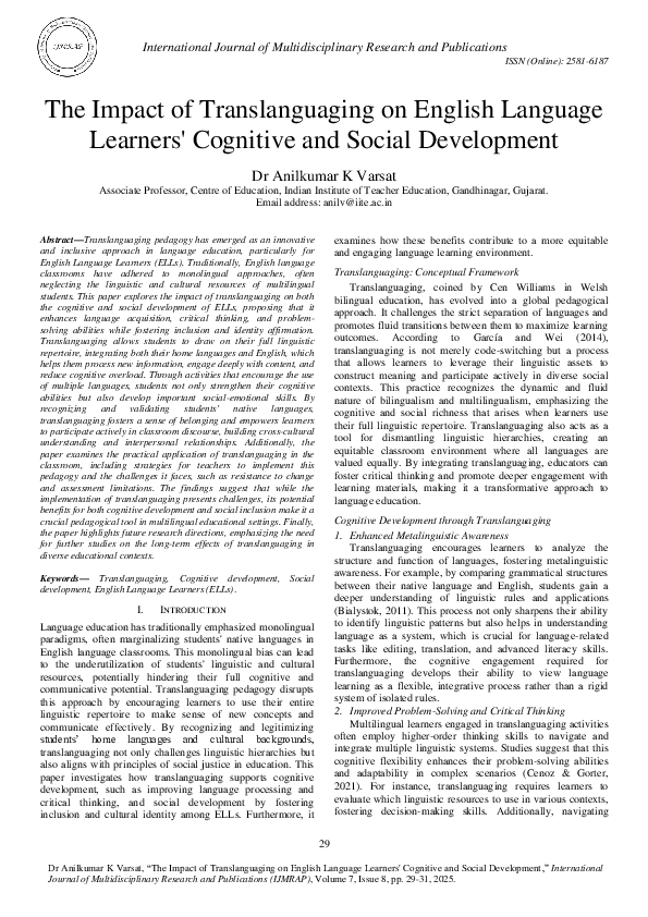 (PDF) The Impact of Translanguaging on English Language Learners' Cognitive and Social Development