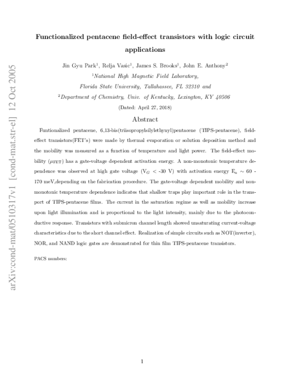 (PDF) Functionalized pentacene field-effect transistors with logic circuit applications