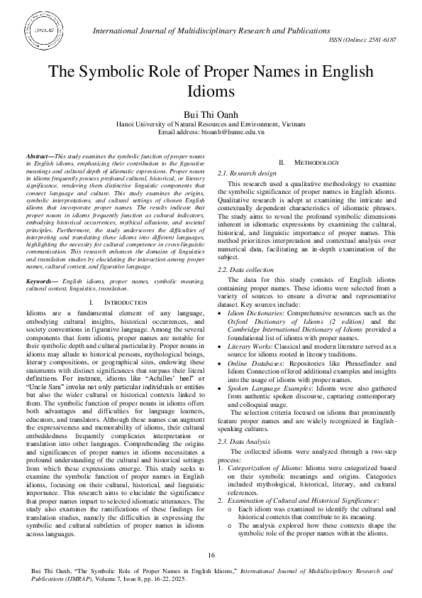 (PDF) The Symbolic Role of Proper Names in English Idioms