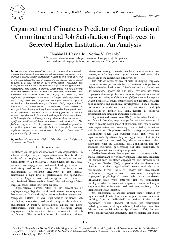 (PDF) Organizational Climate as Predictor of Organizational Commitment and Job Satisfaction of ...
