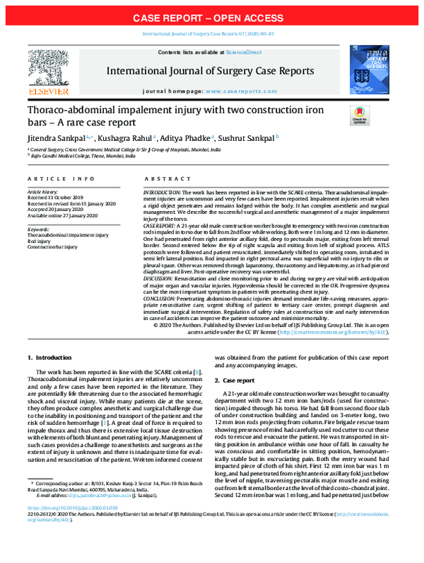 (PDF) Thoraco-abdominal impalement injury with two construction ...