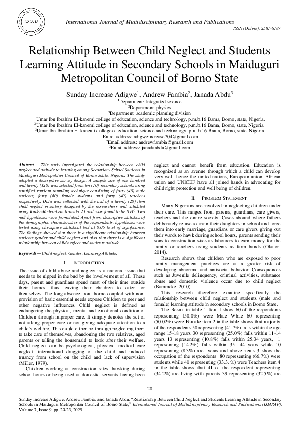 (PDF) Relationship Between Child Neglect and Students Learning Attitude ...