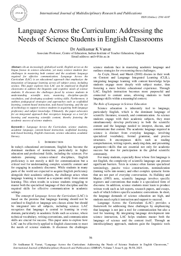 (PDF) Language Across the Curriculum: Addressing the Needs of Science ...