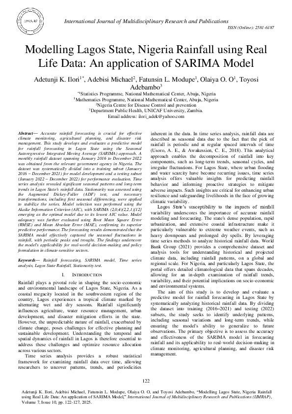 (PDF) Modelling Lagos State, Nigeria Rainfall using Real Life Data: An ...