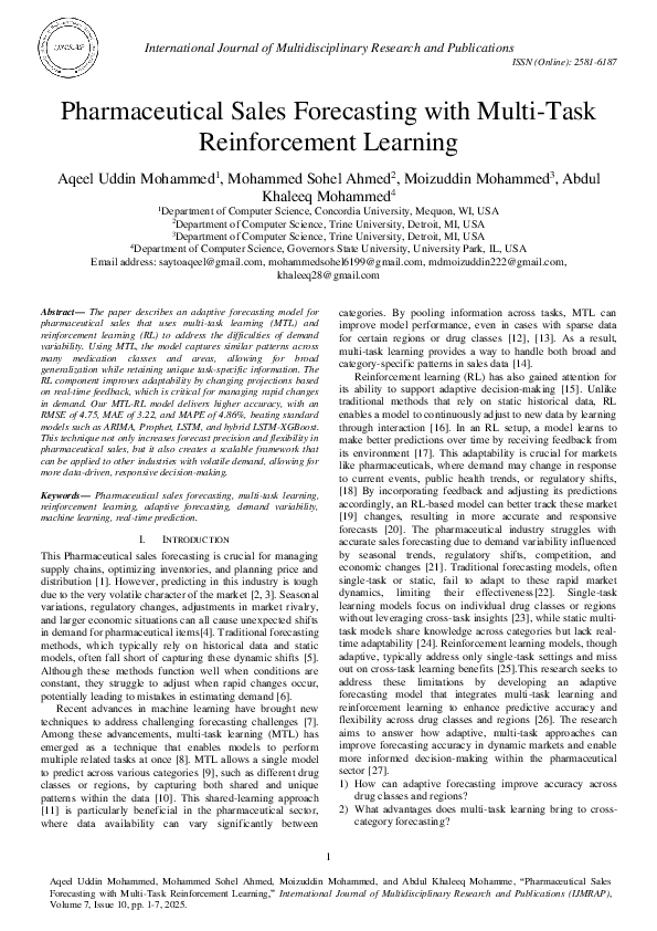 (PDF) Pharmaceutical Sales Forecasting with Multi-Task Reinforcement Learning