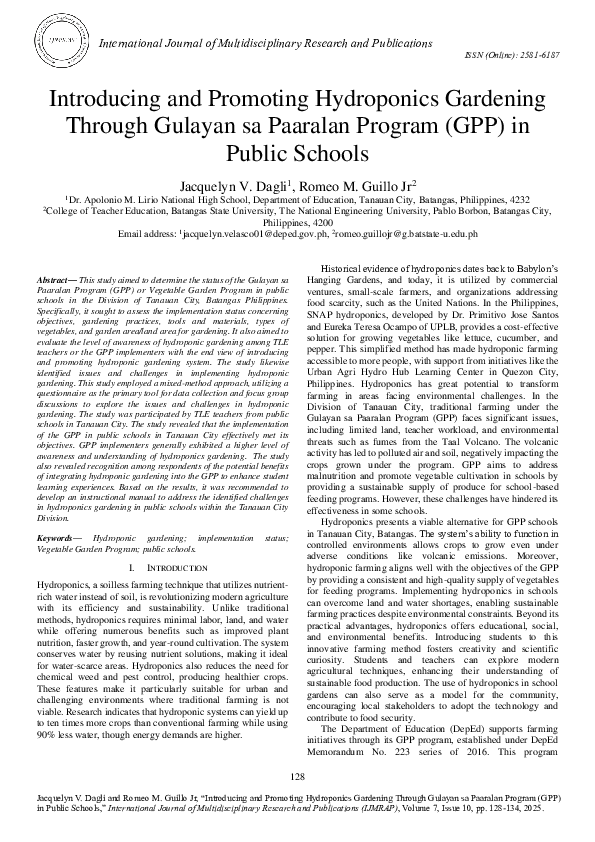(PDF) Introducing and Promoting Hydroponics Gardening Through Gulayan sa Paaralan Program (GPP ...