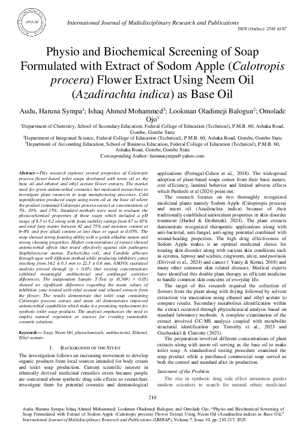 (PDF) Physio and Biochemical Screening of Soap Formulated with Extract ...