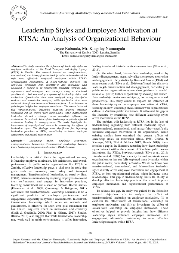 (PDF) Leadership Styles and Employee Motivation at RTSA: An Analysis of ...