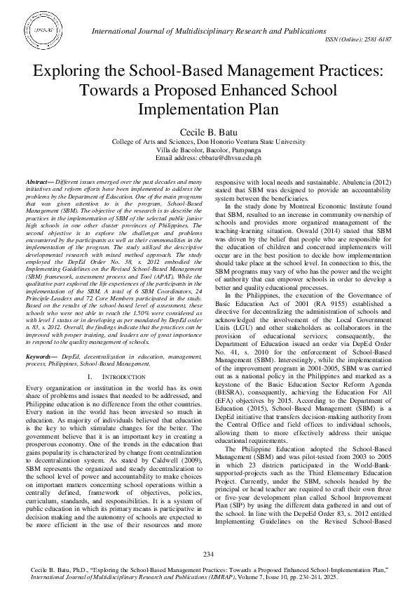 Pdf Exploring The School Based Management Practices Towards A