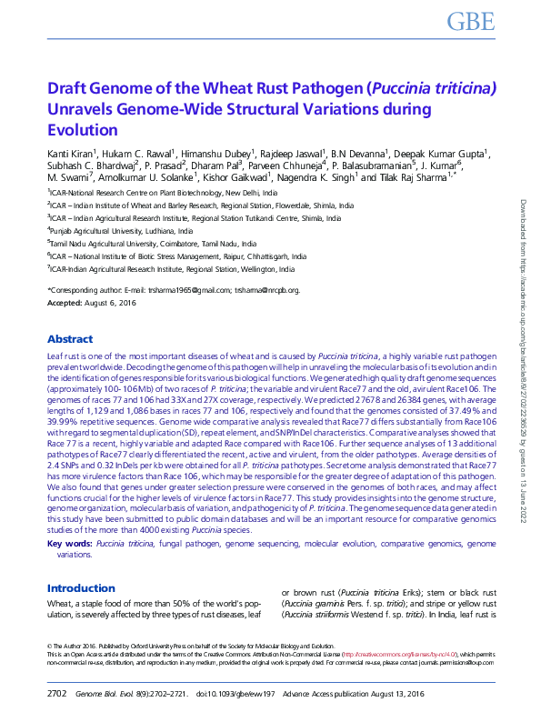 (PDF) Draft Genome of the Wheat Rust Pathogen (Puccinia triticina ...