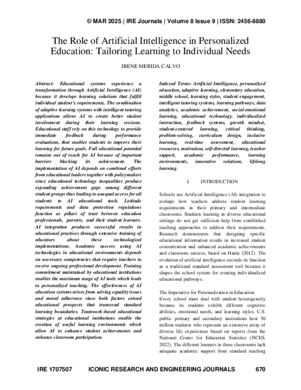 (PDF) The Role of Artificial Intelligence in Personalized Education: Tailoring Learning to ...