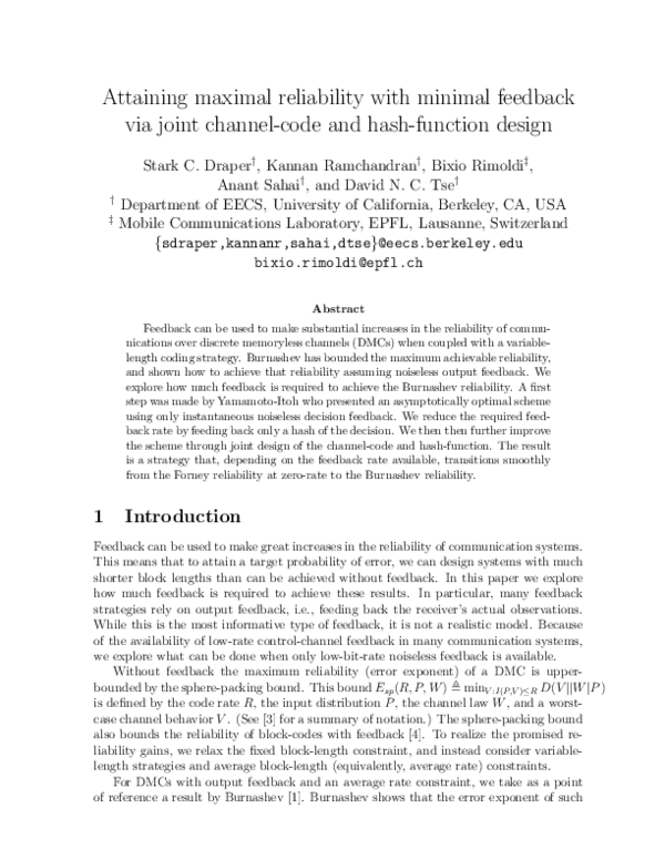 (PDF) Attaining Maximal Reliability with Minimal Feedback via Joint Channel-code and Hash ...