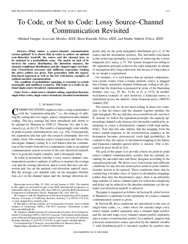(PDF) To code, or not to code: lossy source-channel communication revisited