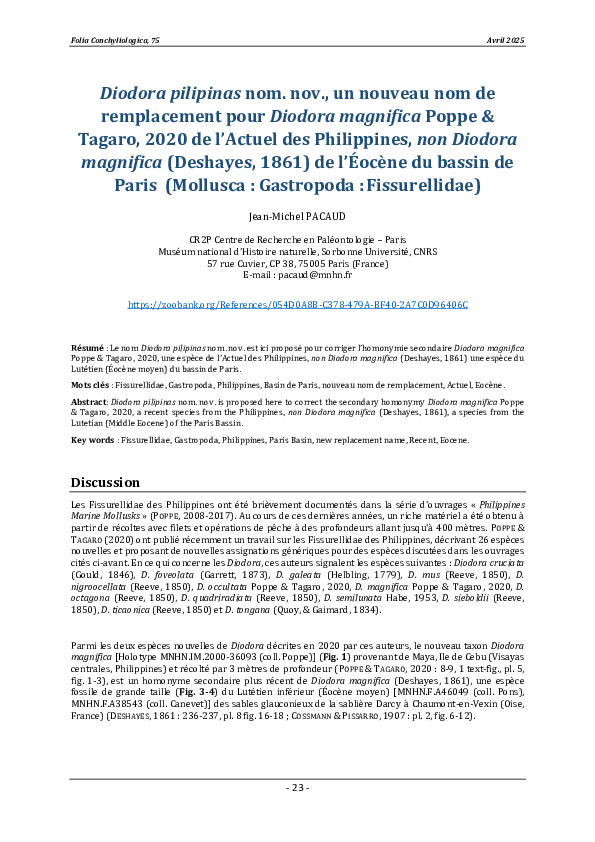 (PDF) Diodora pilipinas nom. nov., un nouveau nom de remplacement pour ...