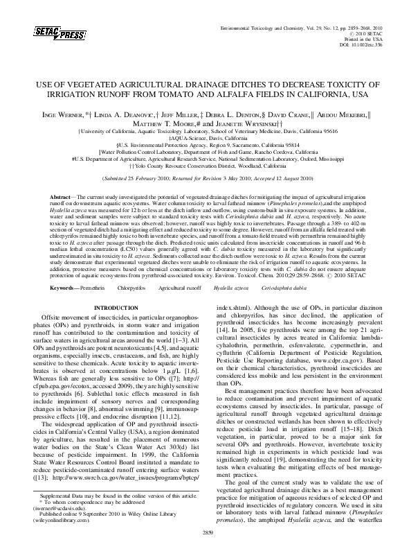 (PDF) Use of vegetated agricultural drainage ditches to decrease ...