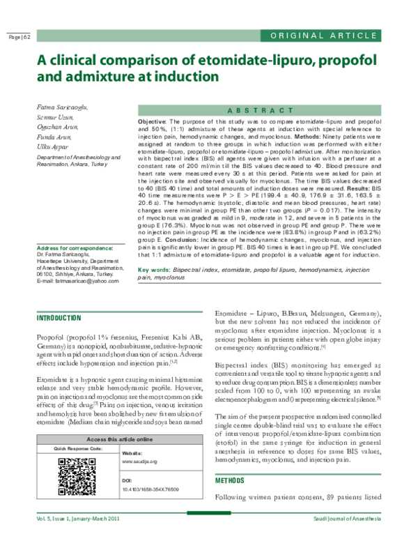 (PDF) A clinical comparison of etomidate-lipuro, propofol and admixture at induction