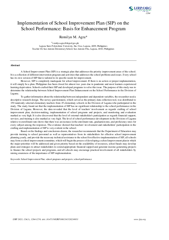 (PDF) Implementation of School Improvement Plan (SIP) on the School ...