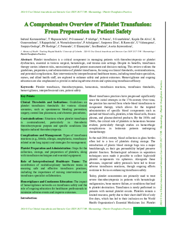 (PDF) AComprehensive Overviewof Platelet Transfusion From Preparationto ...
