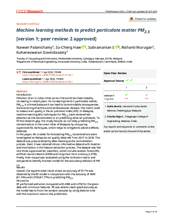(PDF) Machine learning methods to predict particulate matter PM2.5