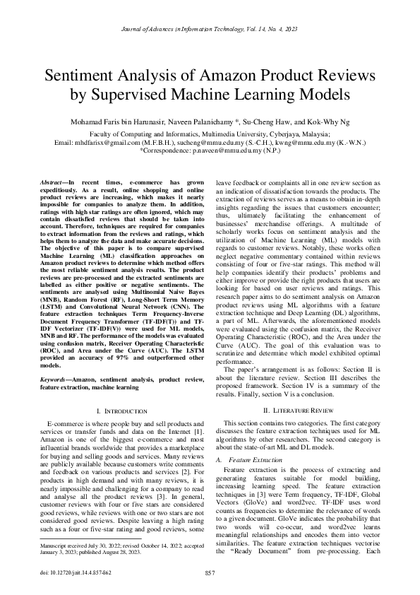 (PDF) Sentiment Analysis of Amazon Product Reviews by Supervised Machine Learning Models