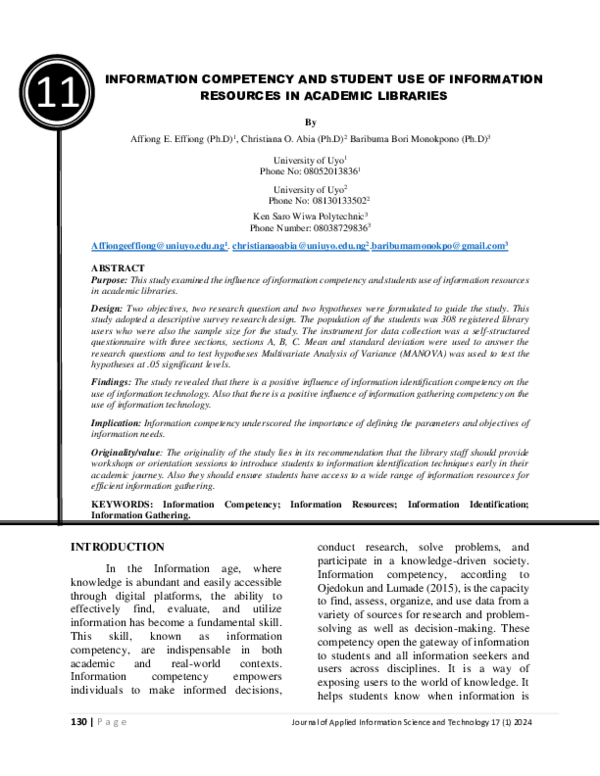 (PDF) Information Competency and Student Use of Information Resources ...
