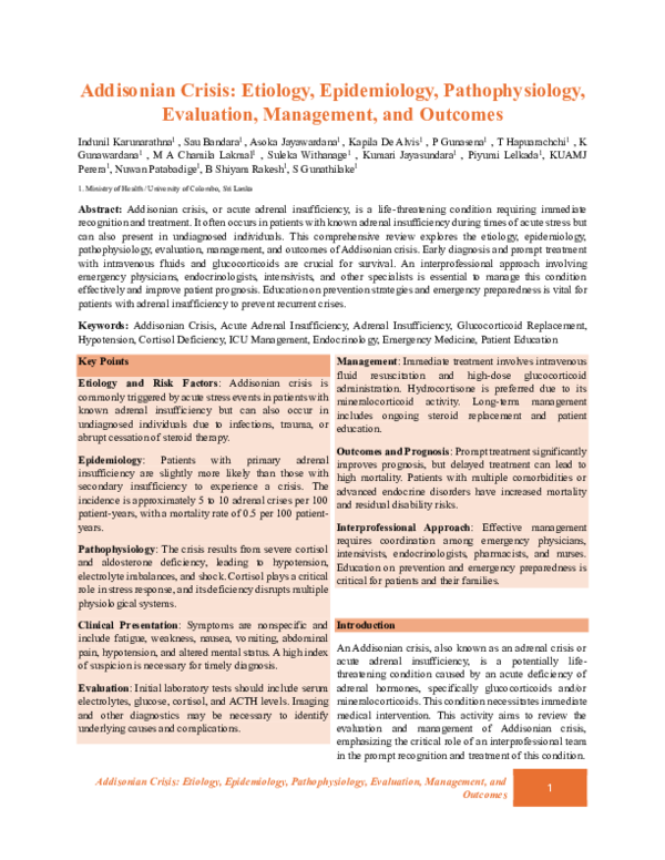 (PDF) Addisonian Crisis: Etiology, Epidemiology, Pathophysiology, Evaluation, Management, and ...