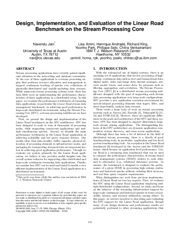 (PDF) Design, implementation, and evaluation of the linear road bnchmark on the stream ...