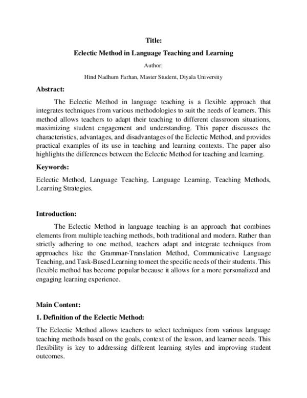 (PDF) Eclectic Method in Language Teaching and Learning